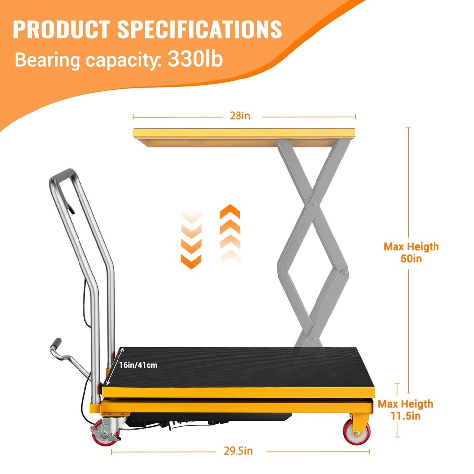 330lbs Double Scissor Hydraulic Lift Table 50" Height Cart Wheels & Non ...