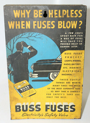 Vintage 1950's Buss Fuse Countertop Display "Why Be Helpless When Fuses ...