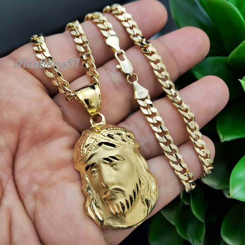 AAA+ Brass Jesus Portrait Religious Pendant & 14K Stamped Cuban Chain ...