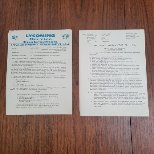 Vintage 60s Lycoming Service Instructions Aircraft Engines 2 Sheets | eBay