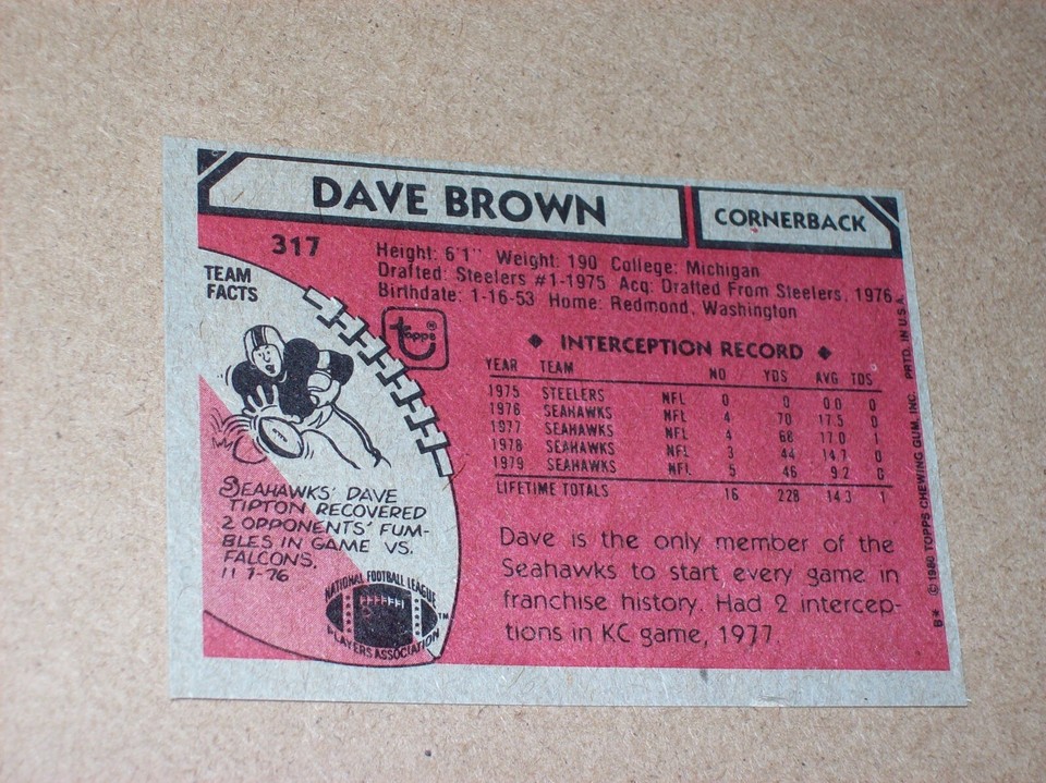 1980 Topps football Dave Brown card #317 PACK FRESH | eBay
