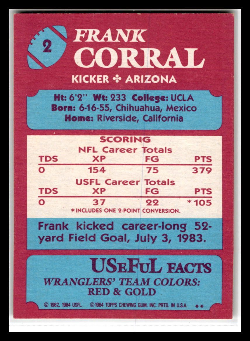 1984 Topps USFL #2 Frank Corral Arizona Wranglers | eBay