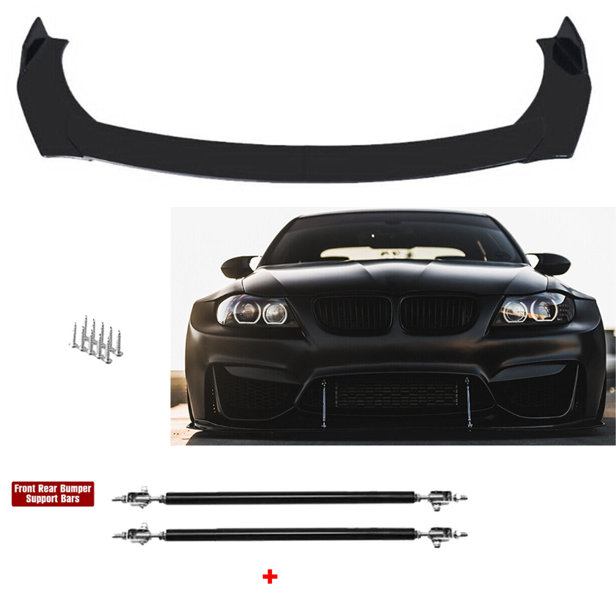 Front Bumper Splitter Spoiler Chin Body Kit +Strut Rods For 328i 335i ...