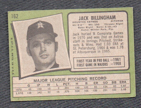 1971 Topps Jack Billingham, Houston Astros, #162 Free Shipping! | eBay
