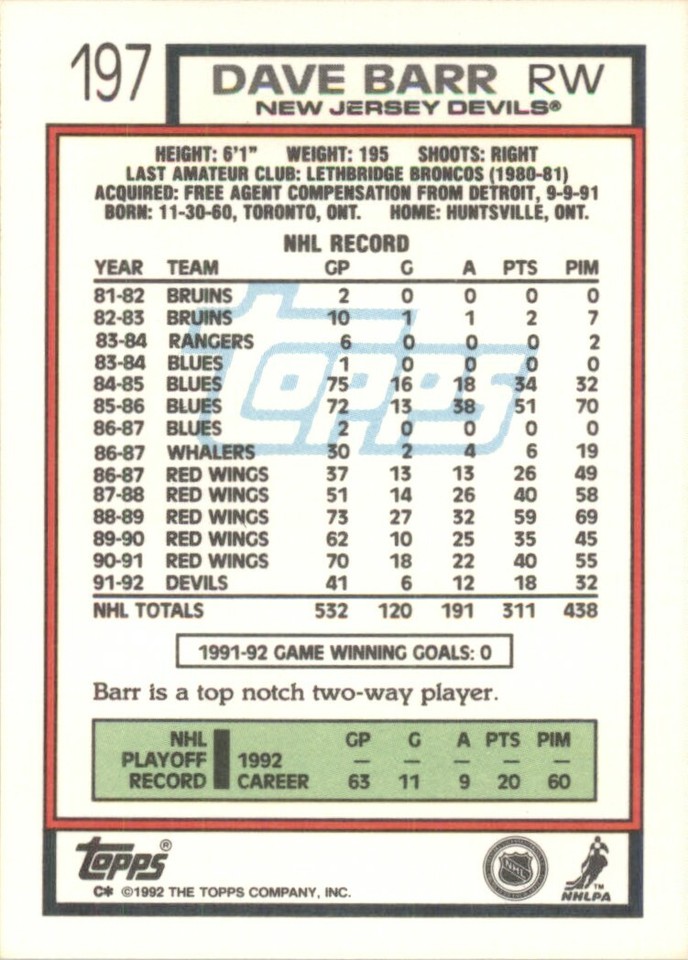 1992-93 Topps NHL Dave Barr #197 | eBay