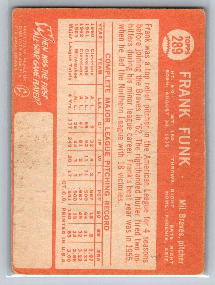 1964 Topps #289 Frank Funk Milwaukee Braves | eBay