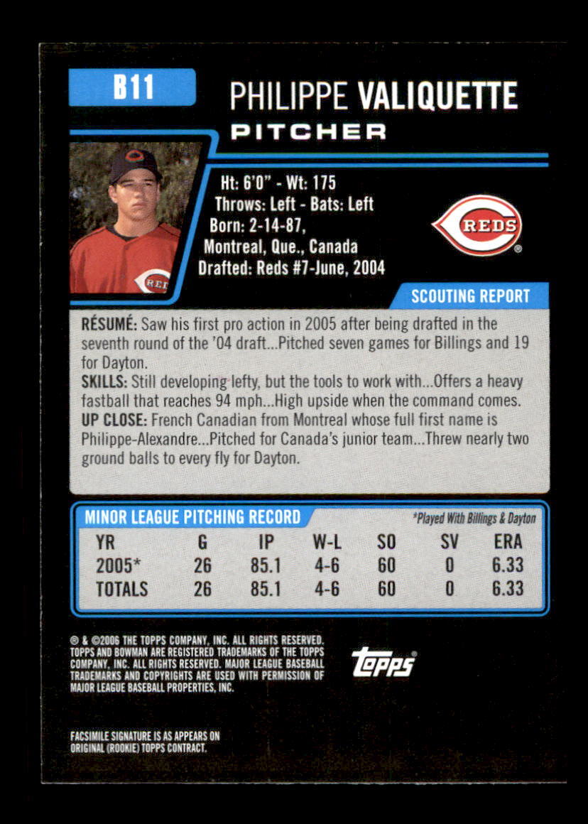 2006 Baseball Bowman Philippe Valiquette Cincinnati Reds #B11 Prospect ...