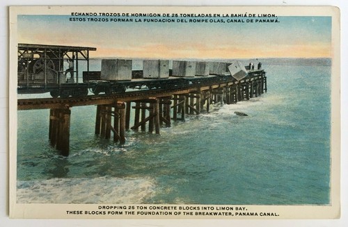 Postcard Panama Canal Dropping 25 Ton Blocks into Limon Bay breakwater ...