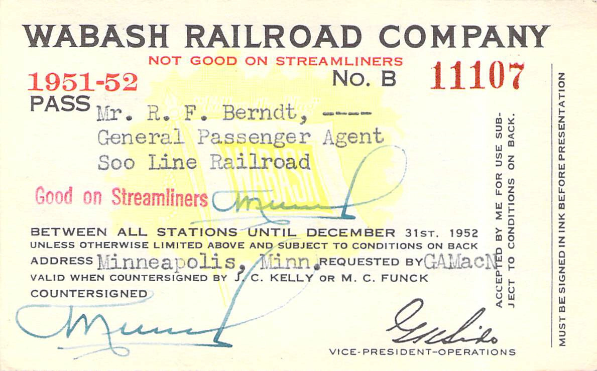 GOOD ON STREAMLINERS WABASH RAILWAY RAILROAD RR RY RWY PASS | eBay