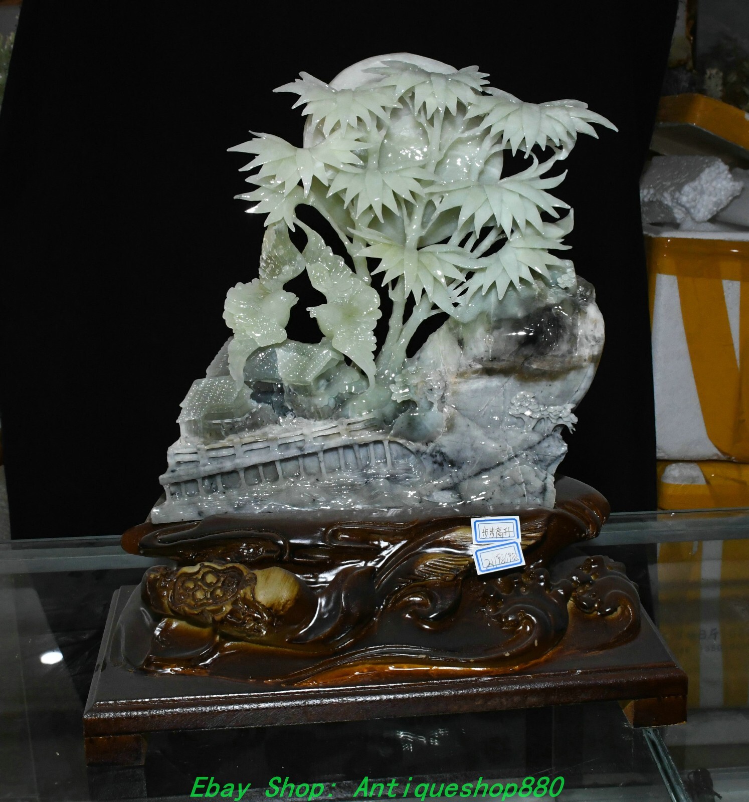 16.1''China Natural Xiu Jade Carving Bamboo Tree Bird House Statue ...