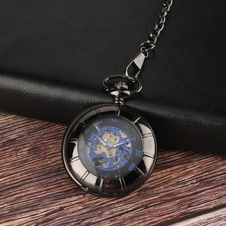 Men's Pocket Watch Mechanical Black Case Pendant Chain Hand-winding ...