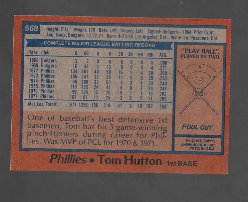 1978 Topps Tom Hutton Philadelphia Phillies #568 Near Mint or Better | eBay