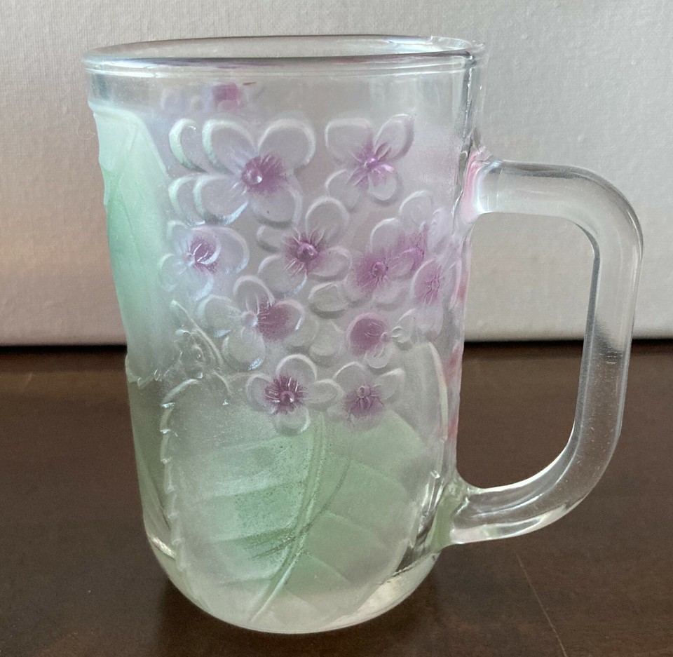 4 Hydrangea Garden Floral Frosted Glass Mugs 12 oz NEW | eBay