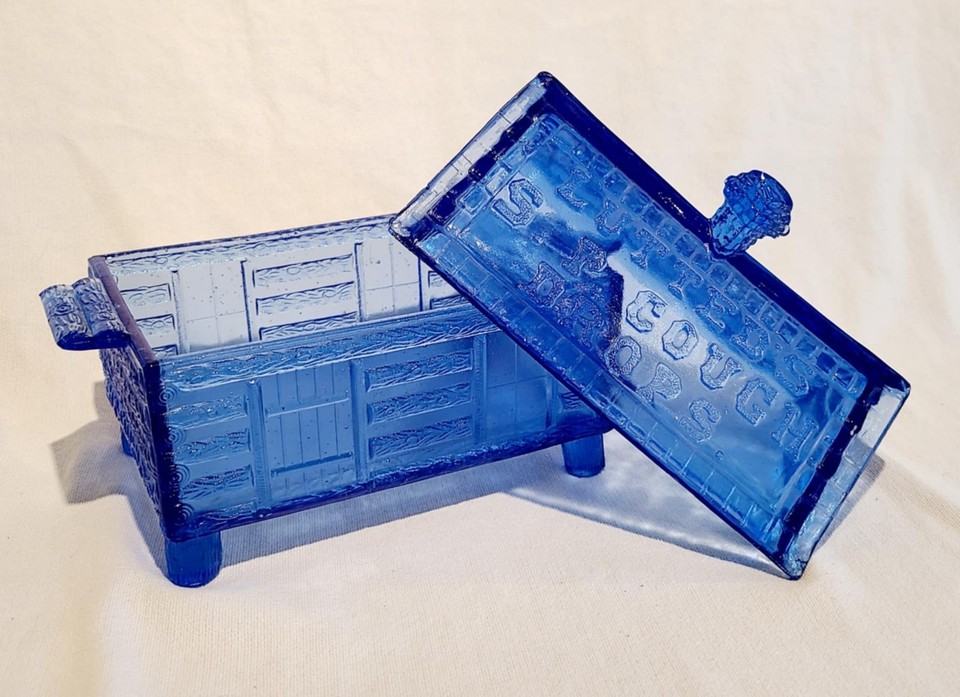Lutted’s S.P. Cough Drops Cobalt Blue Glass Log Cabin Candy Dish ...