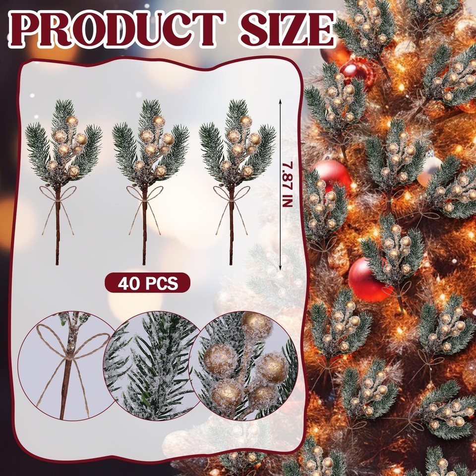 40 Pcs Christmas Tree Ornaments Gold Berries Pine Cones for Crafts ...