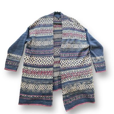 Chaps Blue/Cream Aztec Print Open Front Longline Cardigan Sweater Women ...