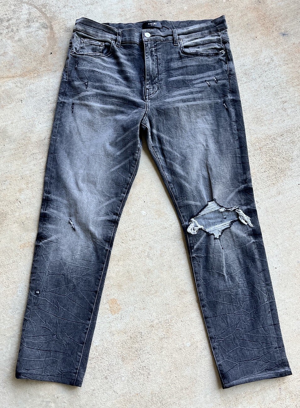 Amiri Grey And Black Ripped Slash Denim Designer Jean… - Gem