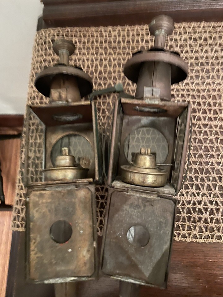 OLD Antique Pair Brass Coach Carriage Lamps Funeral Hearse Oil Lanterns ...
