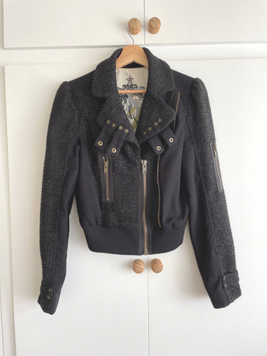 River Island Y2k Black Bomber Jacket Sparkly Knitted Coat Studs Size 10 ...