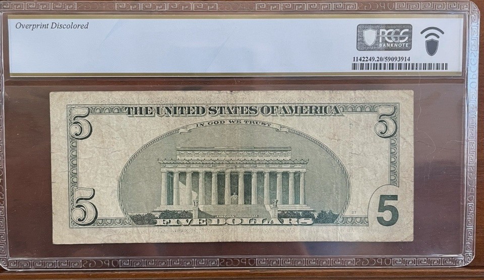 Rare $ 5 2001 US Note - Turquoise Overprint Discolored Error - PCGS VF ...