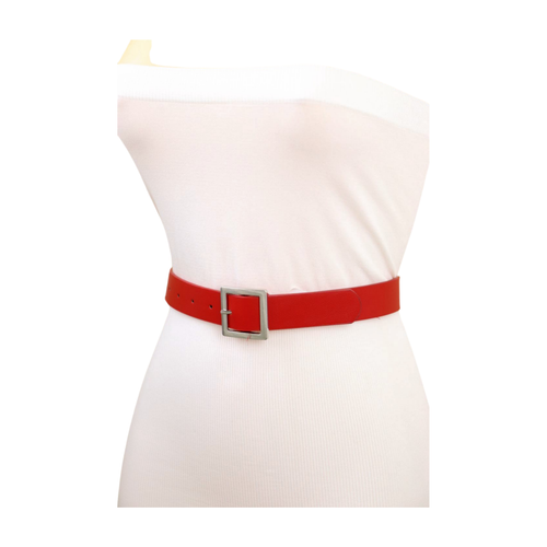 Women Red Faux Leather Skinny Classy Fashion Belt Silver Square Metal ...