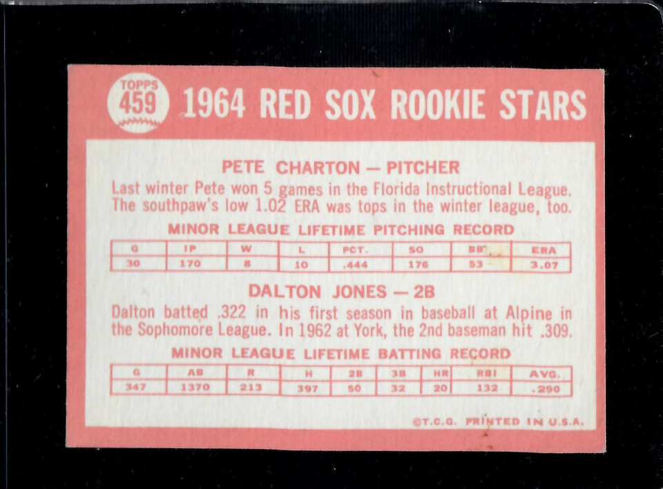 1964 TOPPS RED SOX ROOKIE STARS # 459 PETE CHARTON/DALTON JONES NICE ...