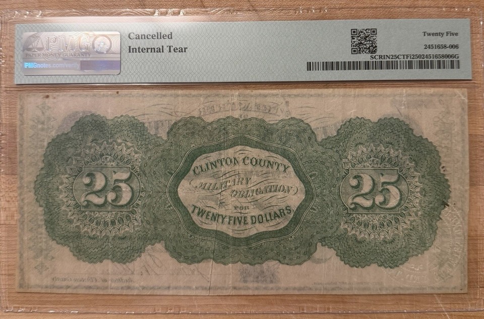 1865 $25 Military Obligation Clinton County Indiana PMG 25 VF Civil War ...