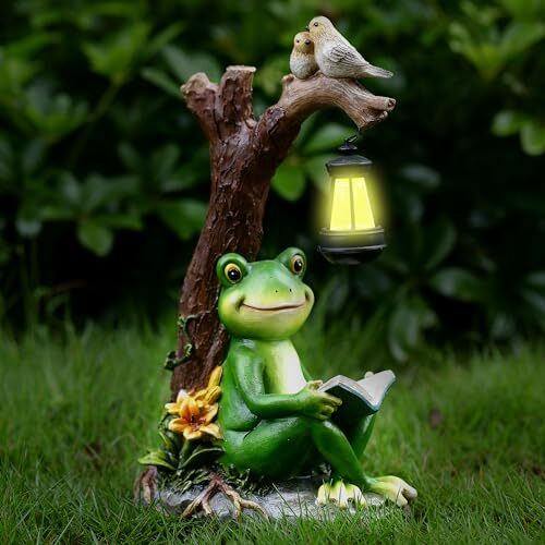 Outdoor Funny Frog Statue, Resin Reading Frogs Garden Decor, Solar Frog ...