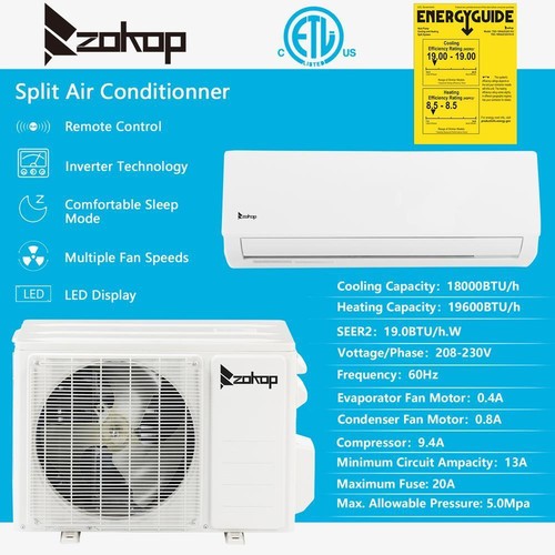 Zokop 18000 BTU Mini Split Air Conditioner with Heat Pump Remote ...