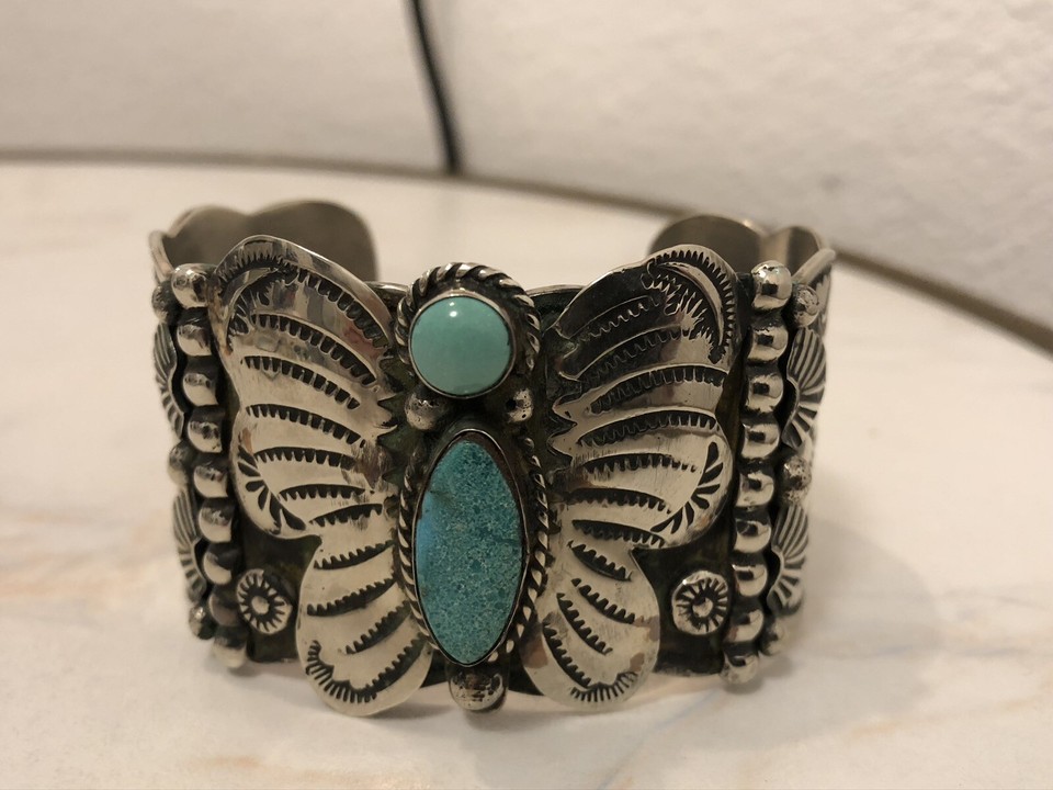Navajo Large Nickel Silver Butterfly Turquoise Bracelet by Albert ...