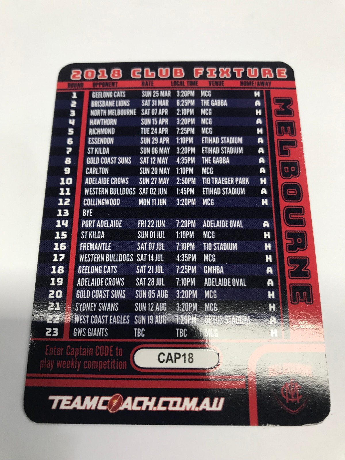 2018 AFL TEAMCOACH CARD McDONALD AFL CAPTAINS CARD C11 JACK VINEY ...