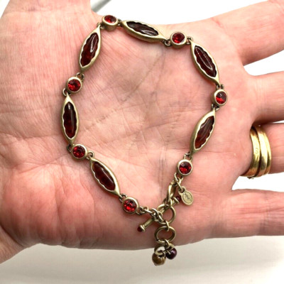 Vintage MONET Bracelet blood red stones gold tone metal 21cm costume ...