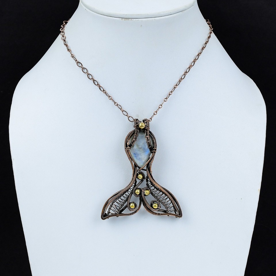 Rainbow Moonstone Wire Wrapped Fish Pendant Handcrafted Copper Ethnic 2 ...