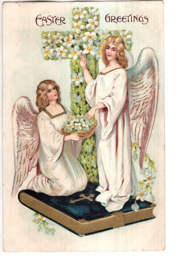 ANTIQUE EMBOSSED EASTER Postcard TWO ANGELS, KNEELING, BIBLE, CROSS | eBay