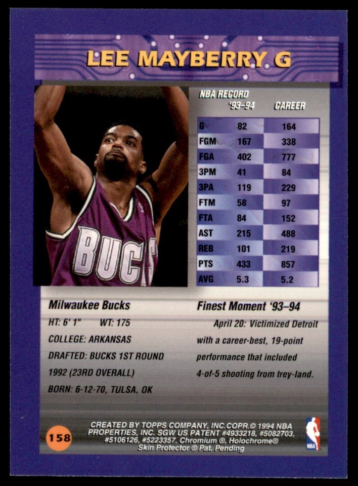 1994-95 Topps Finest w/ Factory Coating Lee Mayberry Milwaukee Bucks ...