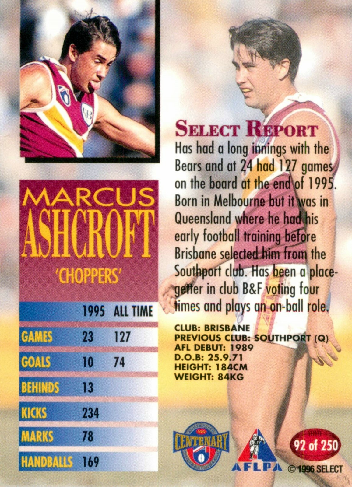Signed 1996 BRISBANE BEARS AFL Card MARCUS ASHCROFT Lions Centenary ...