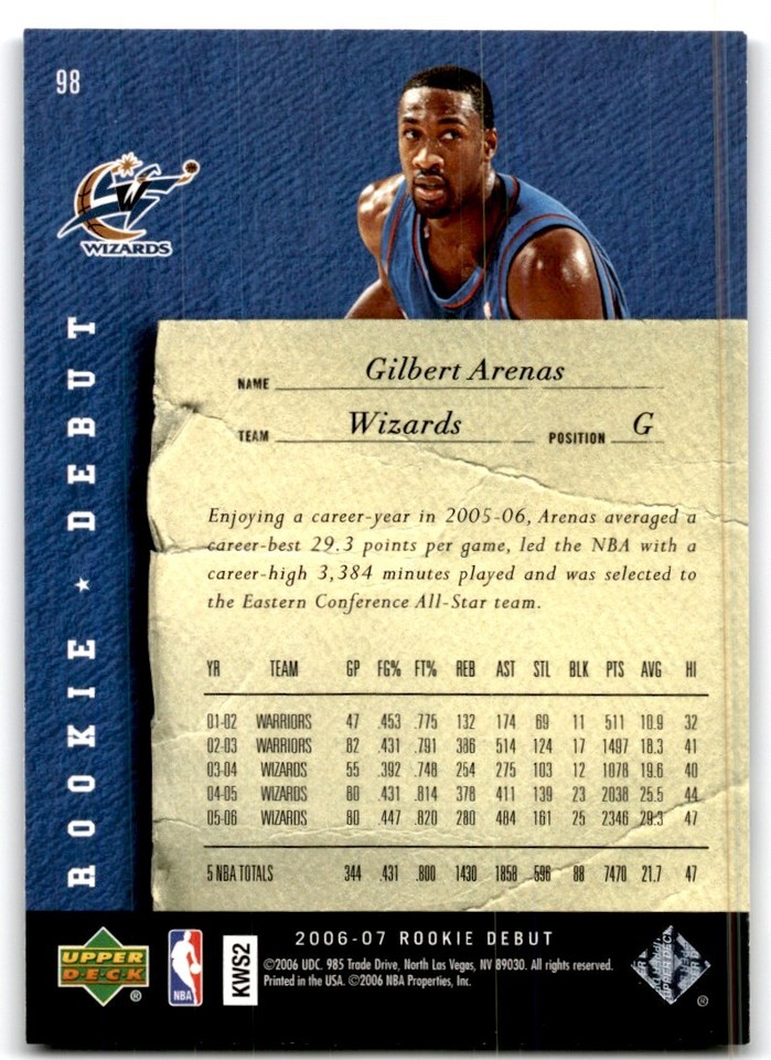 2006-07 Upper Deck Rookie Debut Gilbert Arenas Basketball Cards #98 | eBay