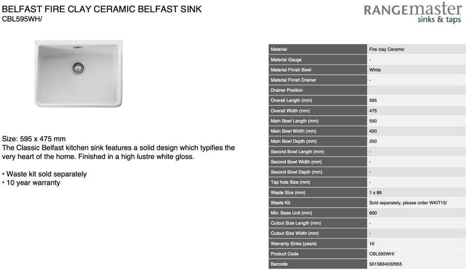 Rangemaster CBL595WH Belfast 60cm Single Bowl Ceramic Sink Incl Chrome ...
