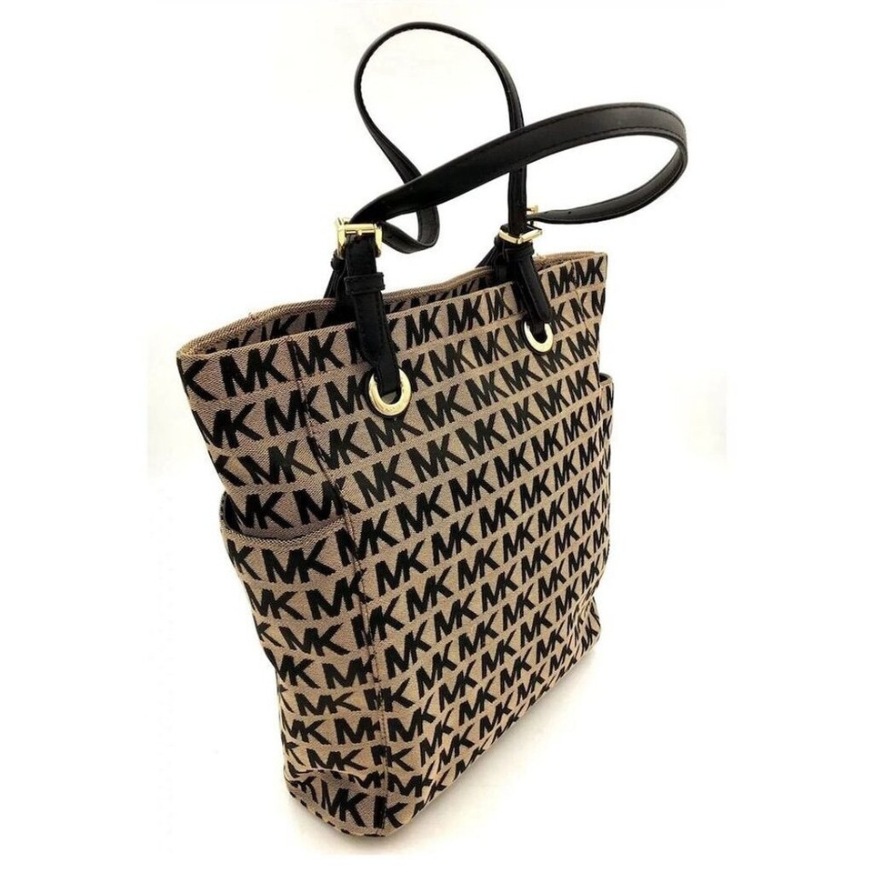 Michael Kors Jet Set Large Tote Bag Tan/Black Monogram Jacquard Leather ...