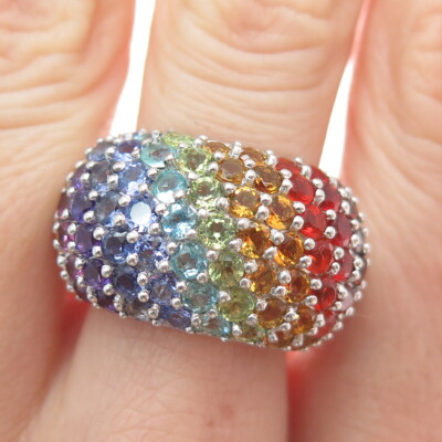 CHUCK CLEMENCY 925 Sterling Silver Real Round-Cut Multi-Color Gem Ring ...