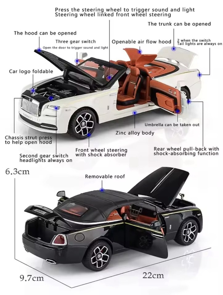 1:24 Rolls Royce Dawn Car Model Simulation Alloy Convertible Sports Car ...