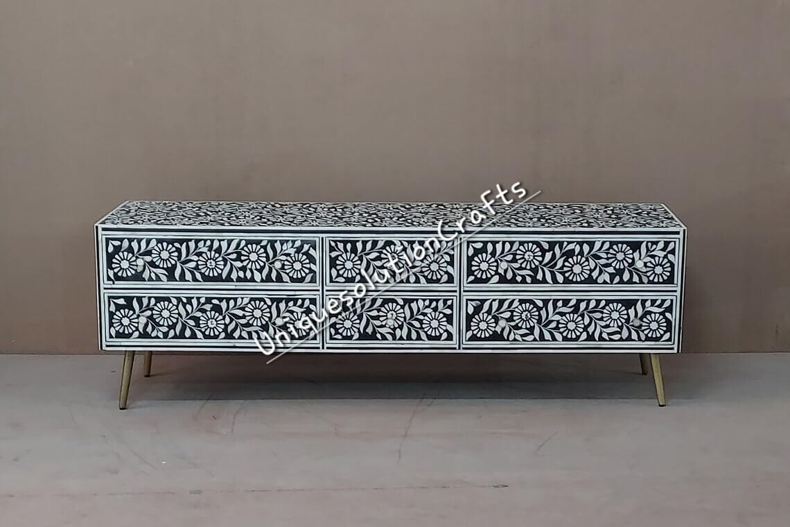 Bone inlay floral pattern 6 drawers media console, Bone inlay tv ...