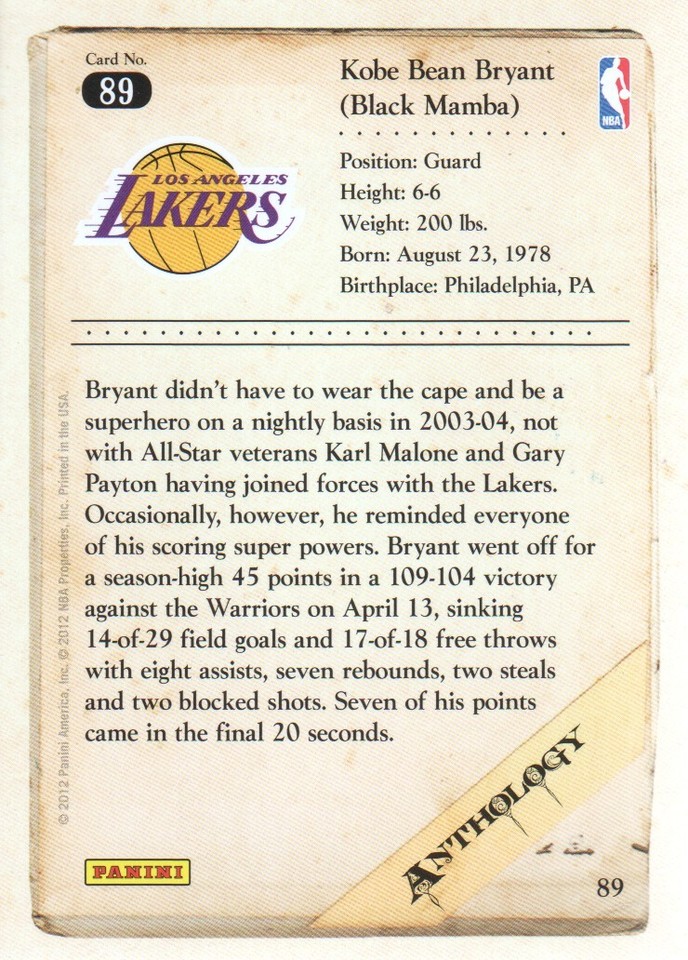 2012-13 Panini Kobe Anthology Basketball #89 Kobe Bryant | eBay