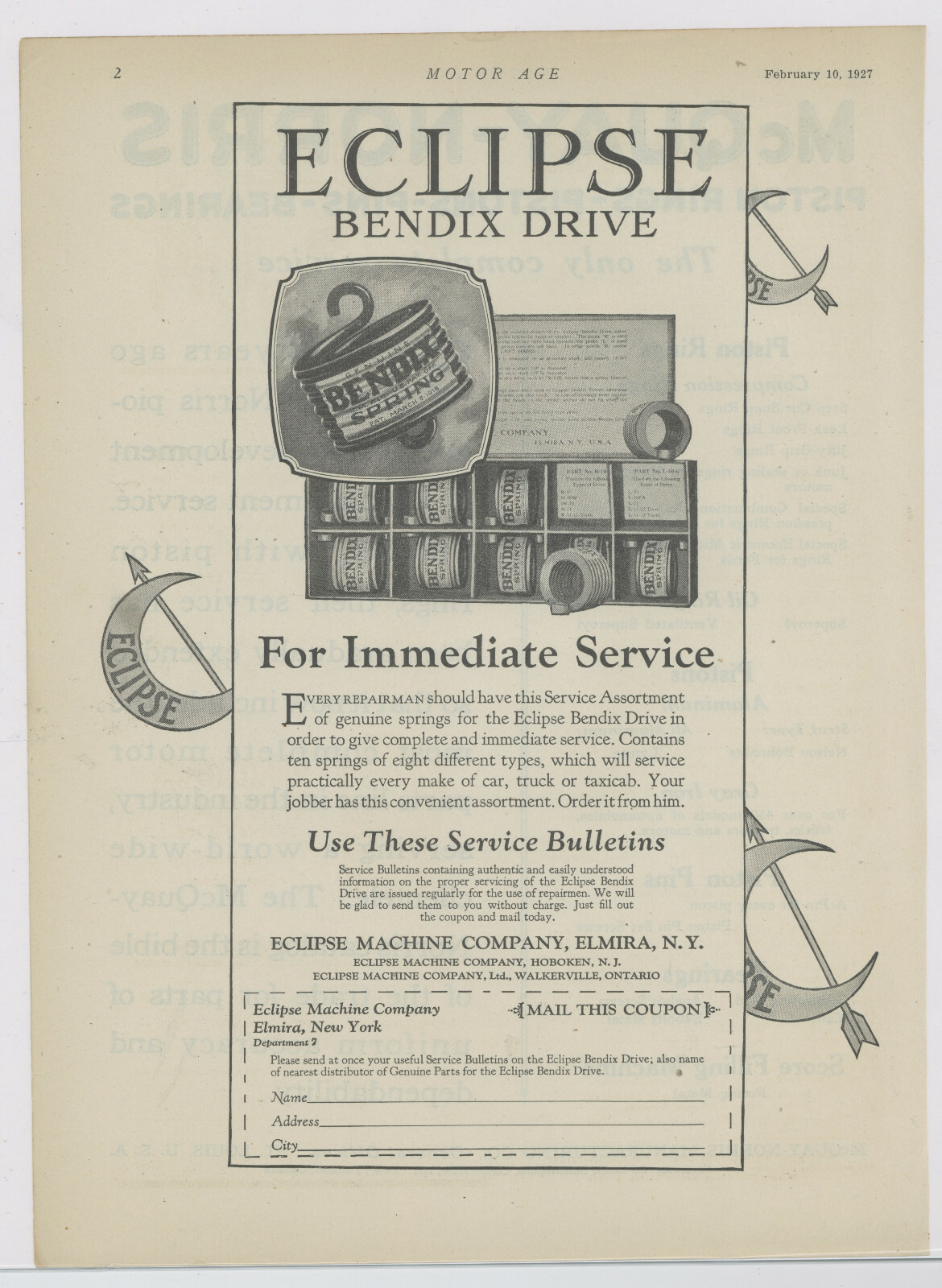 1927 Eclipse Machine Co. Advertisement: Elmira, New York & Hoboken, New ...
