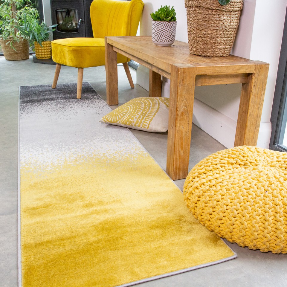 Modern Yellow Ochre Long Runner Rugs Soft Geometric Narrow Thin Hallway ...