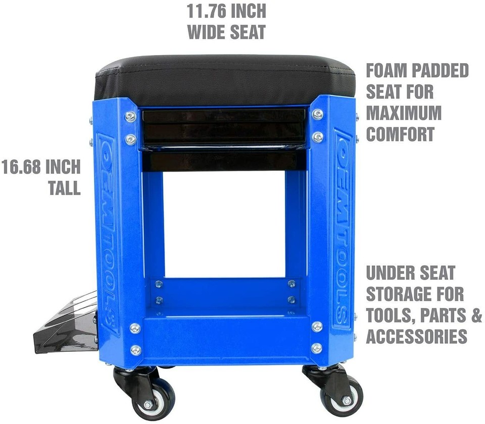 Blue Black Work Stool Rolling Toolbox Seat Shop Storage Creeper ...