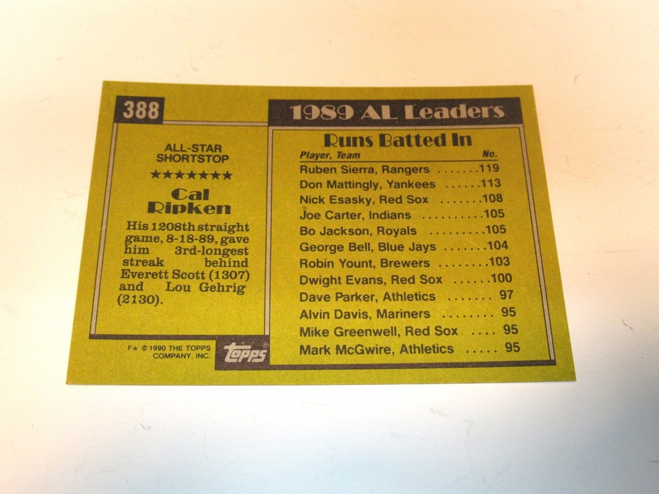 CAL RIPKEN TOPPS BASEBALL CARD NUMBER 388 FROM 1990 UNGRADED SEE PICS ...