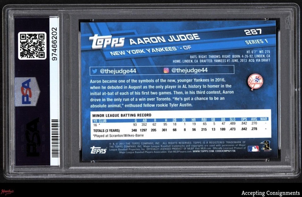 2017 Topps #287 Aaron Judge RC ROOKIE YANKEES PSA 8 NM-MT | eBay