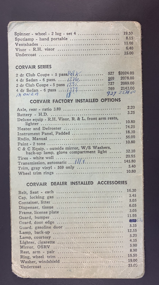 Vintage Dealer / Salesman New Car Price List. Humphrey Chevrolet ...