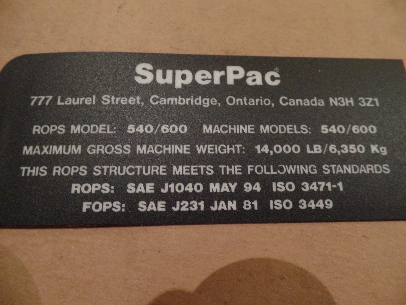 SUPERPAC 540 / 600 ROPS COMPLIANCE DECAL STICKER SP208515, SP 208515, N ...